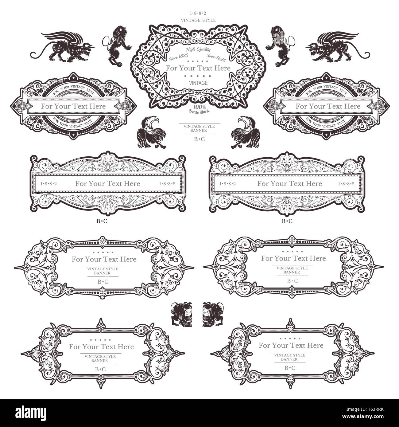 big set of royal vintage banner or frame from floral and line pattern ...