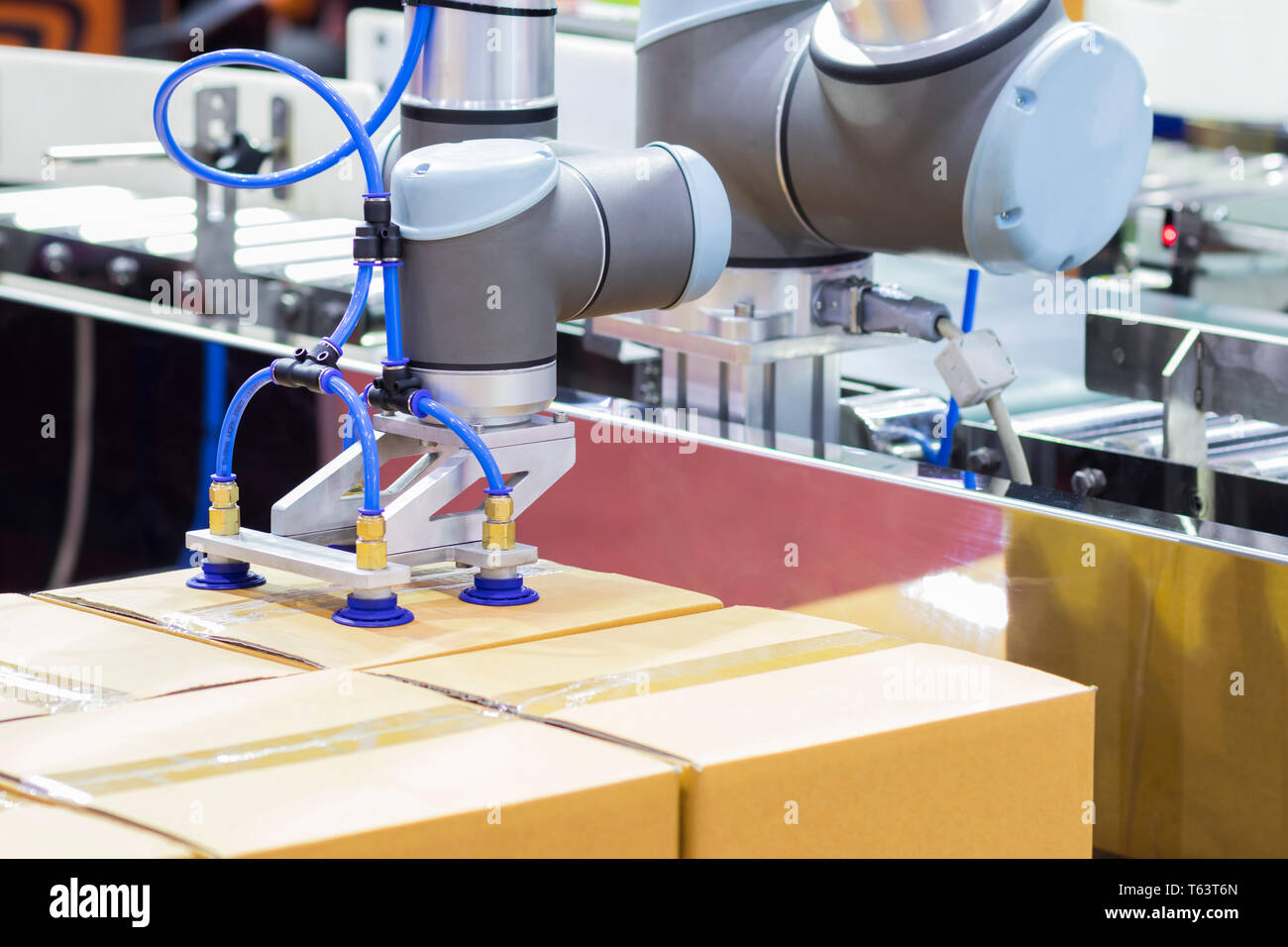 The robot arm transfers carton box to conveyor line ; close up Stock ...