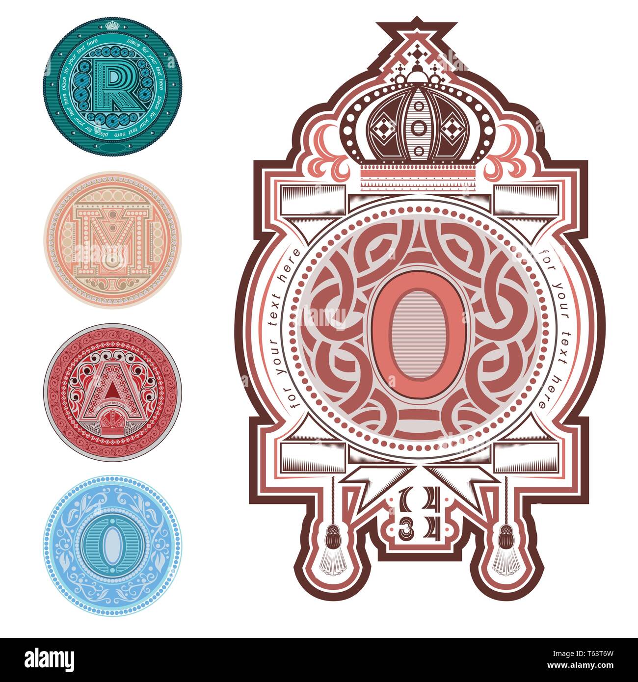 set of capital letters into circle shape with different pattern. Royal ...