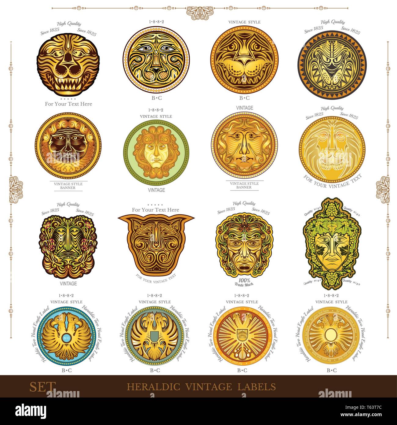 set of color vintage royal labels with lion eagle and man face Stock ...