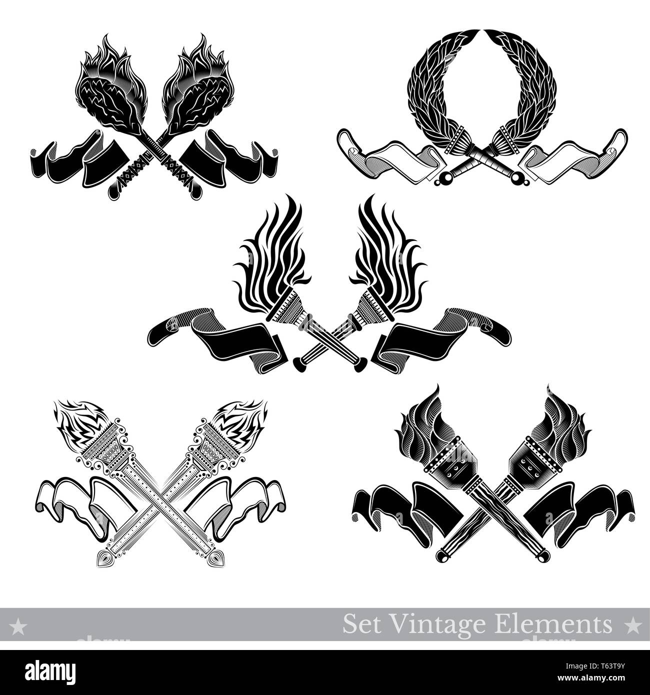 Set of crossed torches in engraving style isolated on white Stock ...