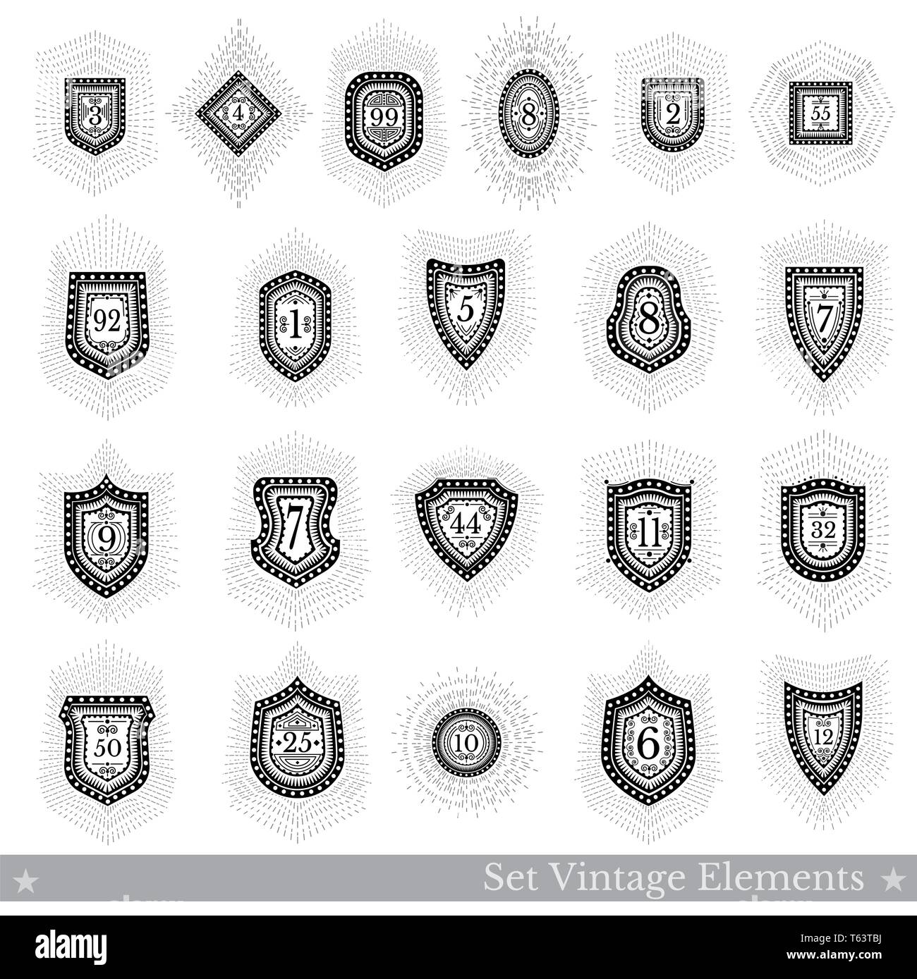 Set of different geometric shields with light ray. Hipster style ...