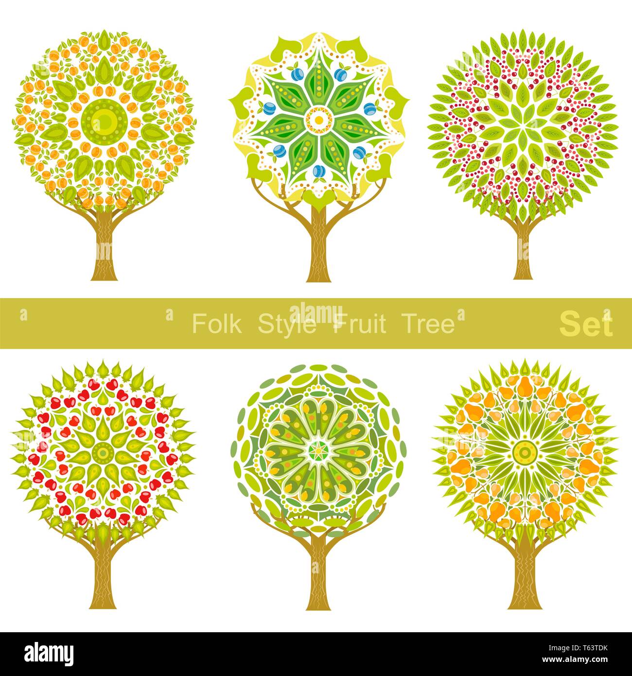 set of flat cartoon folk style fruit trees Stock Vector Image & Art - Alamy