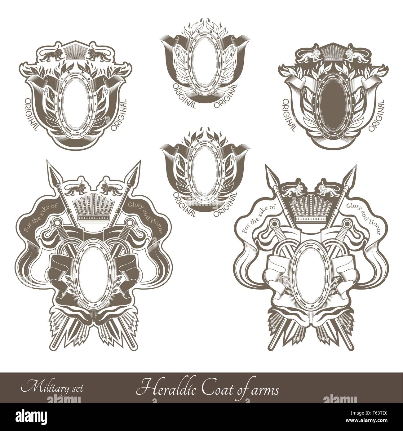 set of haraldic heraldic coat of arms with lions and vintage weapons ...