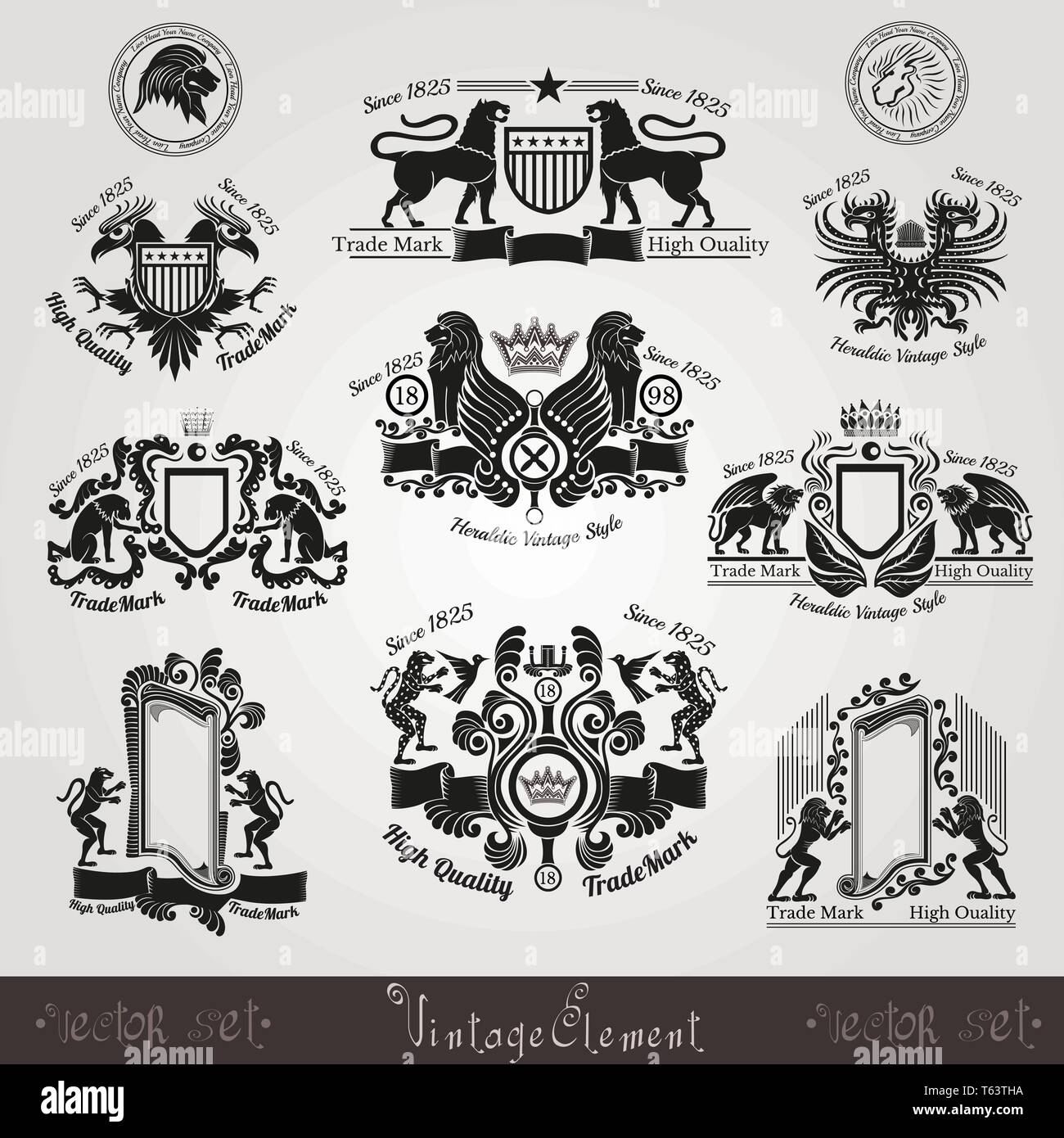 set vintage silhouette heraldic labels with pattern and animals, eagle ...
