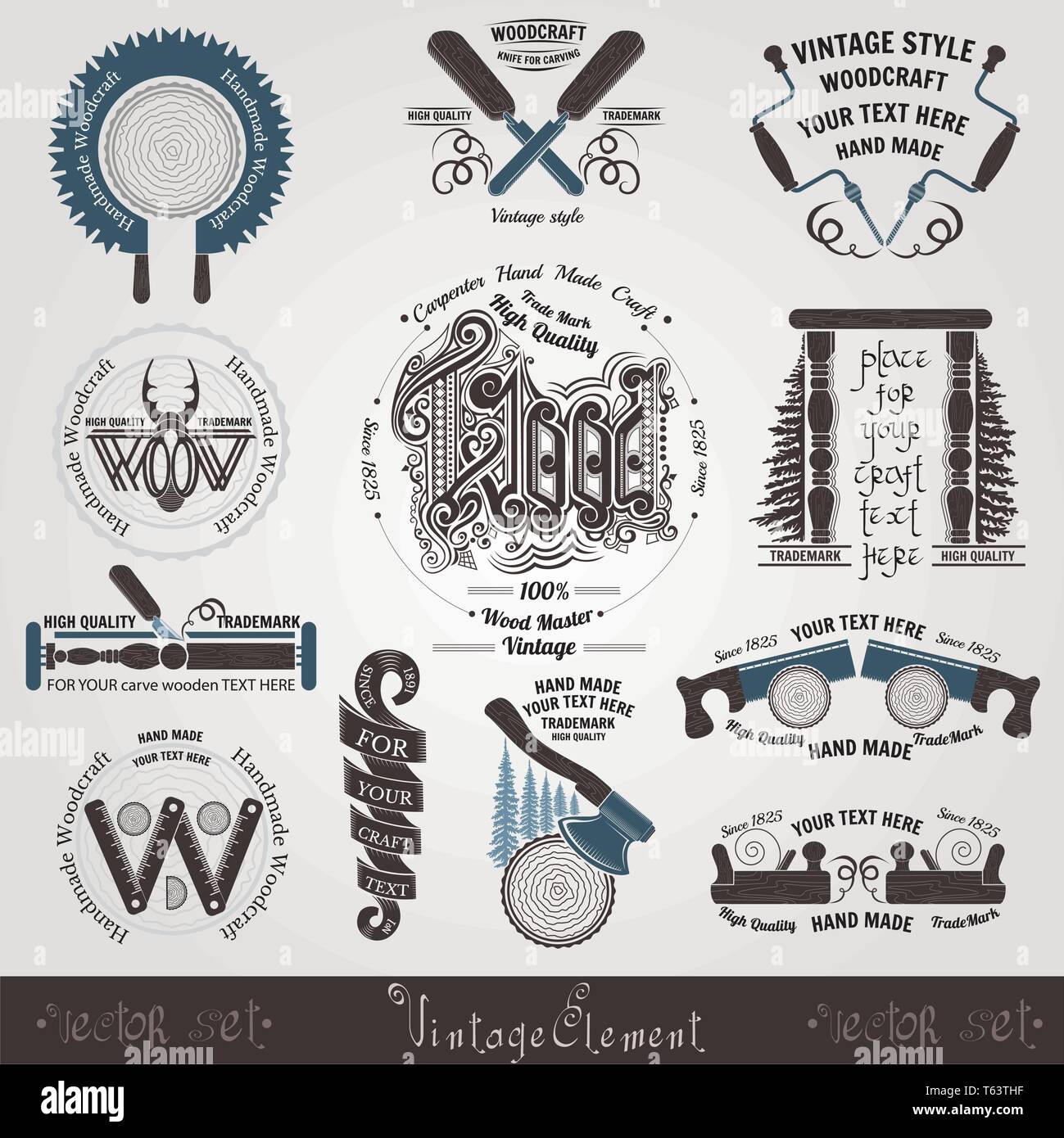 set woodcraft and carpenter label brand style drill saw axe knife knife ...