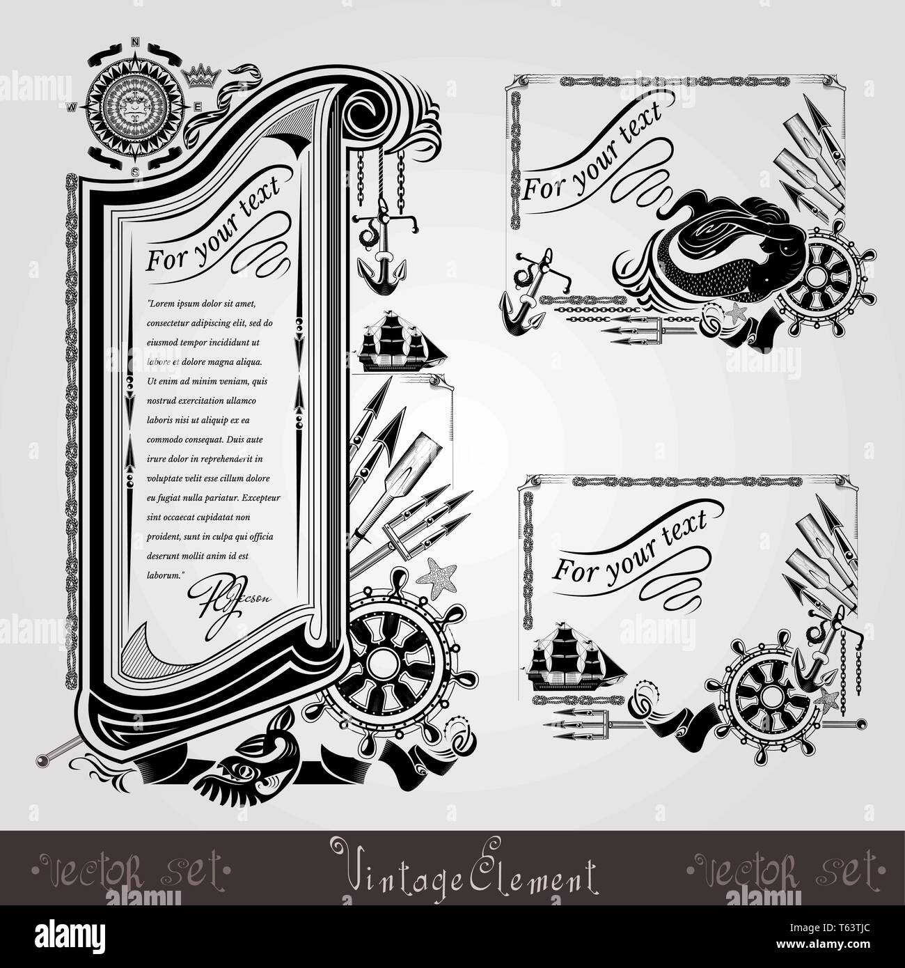 three marine style engraving banners or labels with vintage weapons and ...