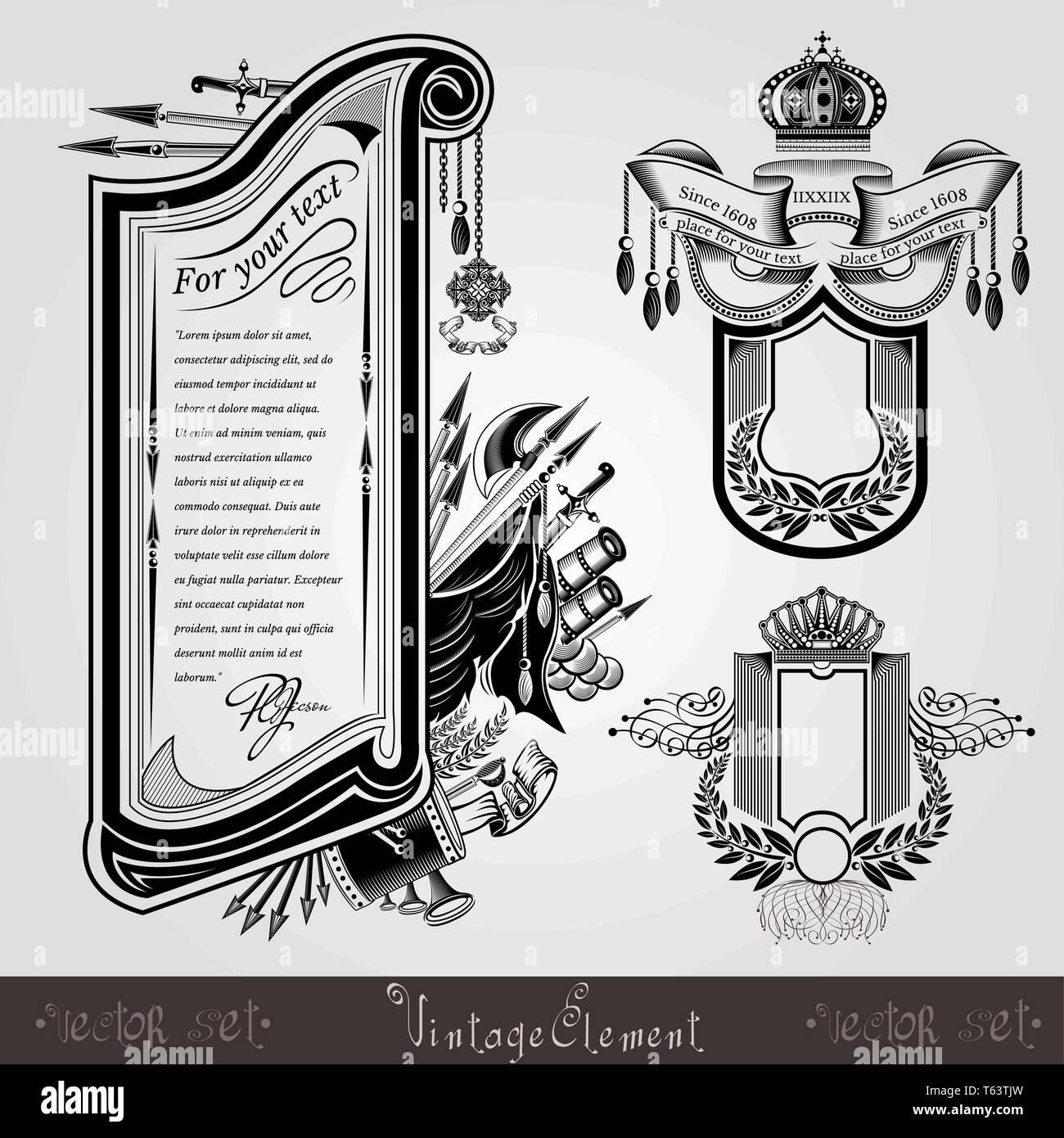 three military style engraving banners or labels with vintage weapons ...