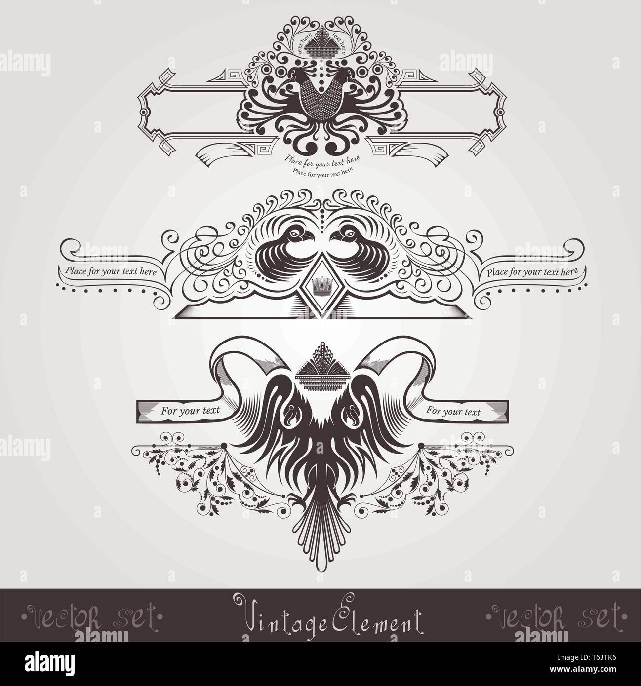 three vintage engraving banners with different birds and pattern Stock ...