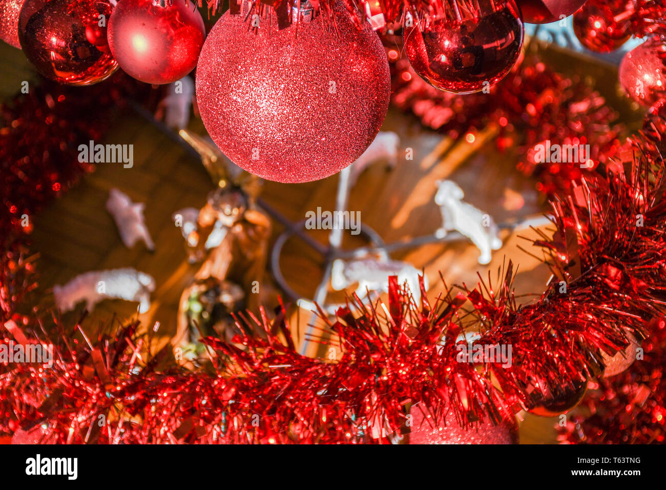 Modern metal spiral Christmas tree decorated with red shiny balls Stock ...