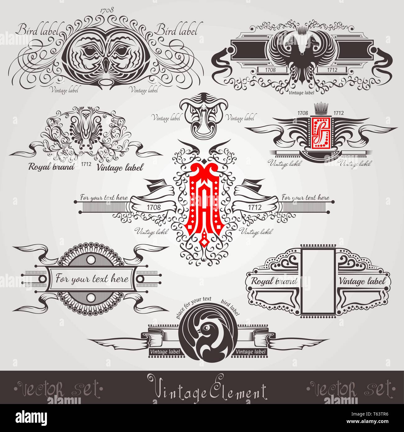vintage engraving banners with different birds letter and pattern Stock ...