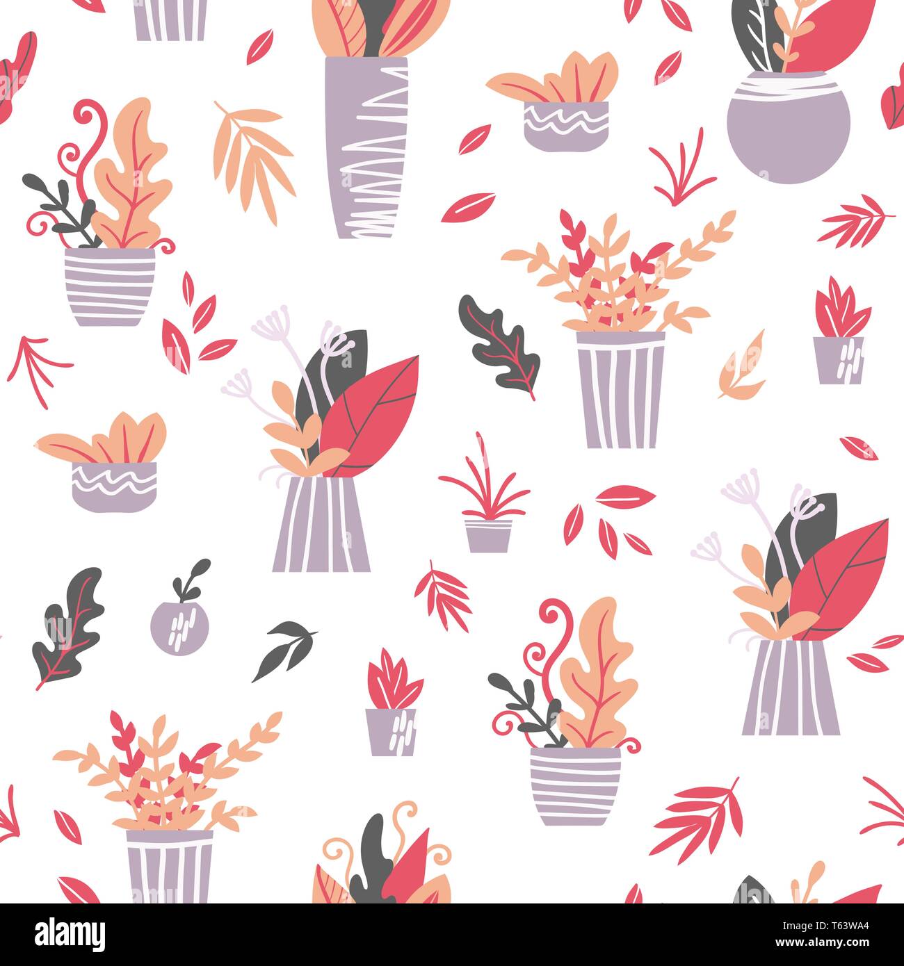Hand drawn seamless pattern. House plants growing in pots on white ...