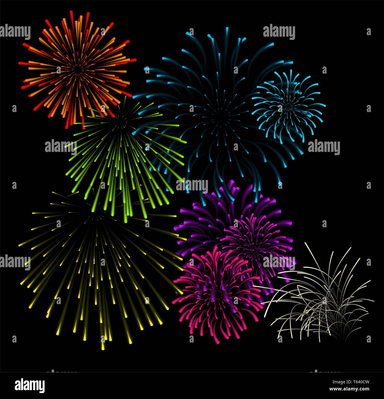 Set of fireworks illustrations on black background Stock Vector Image ...