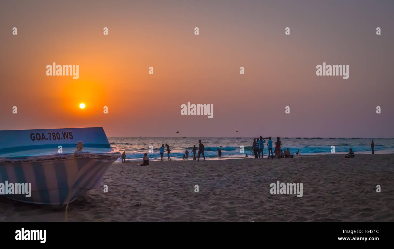 Boat on the beach in the north Goa, India at the Calangute beach near ...