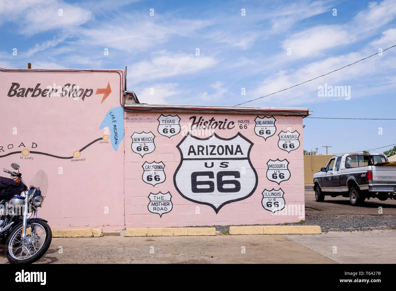 Historic Route 66 logo painted on the wall with a Harley-Davidson ...