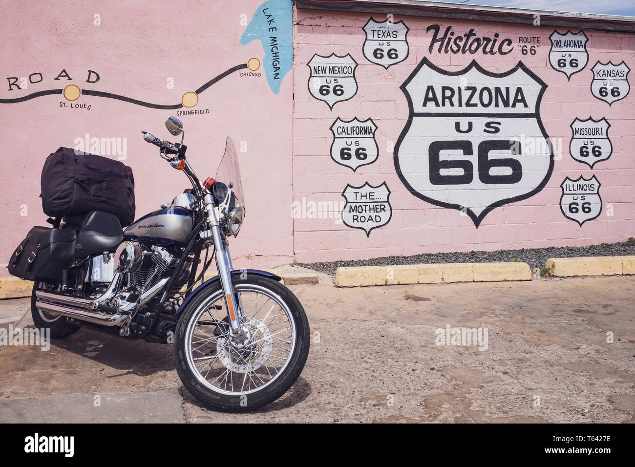 Historic Route 66 logo painted on the wall with a Harley-Davidson ...