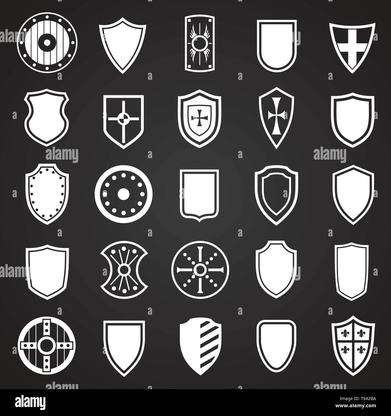 Shields icons set on black background for graphic and web design ...