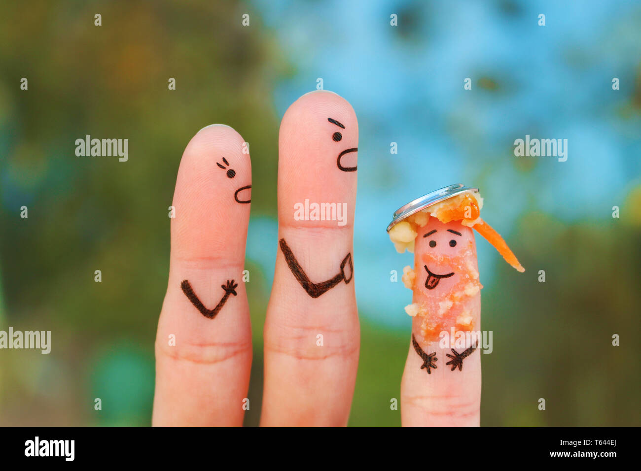 Fingers art of family during quarrel. Concept of parents scold the ...