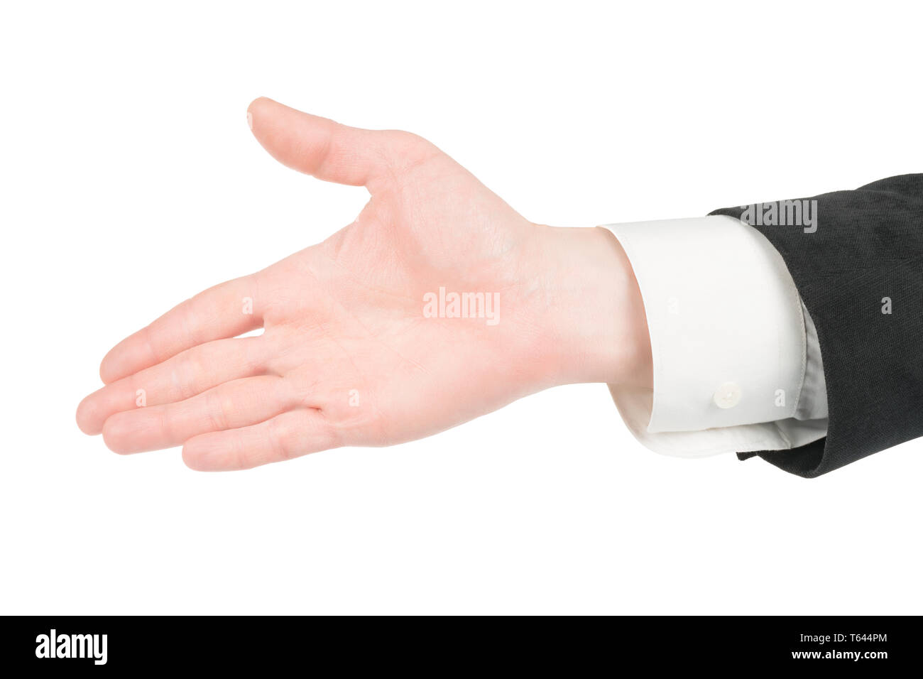 Man in suit hand offering for handshake gesture. Isolated on white ...