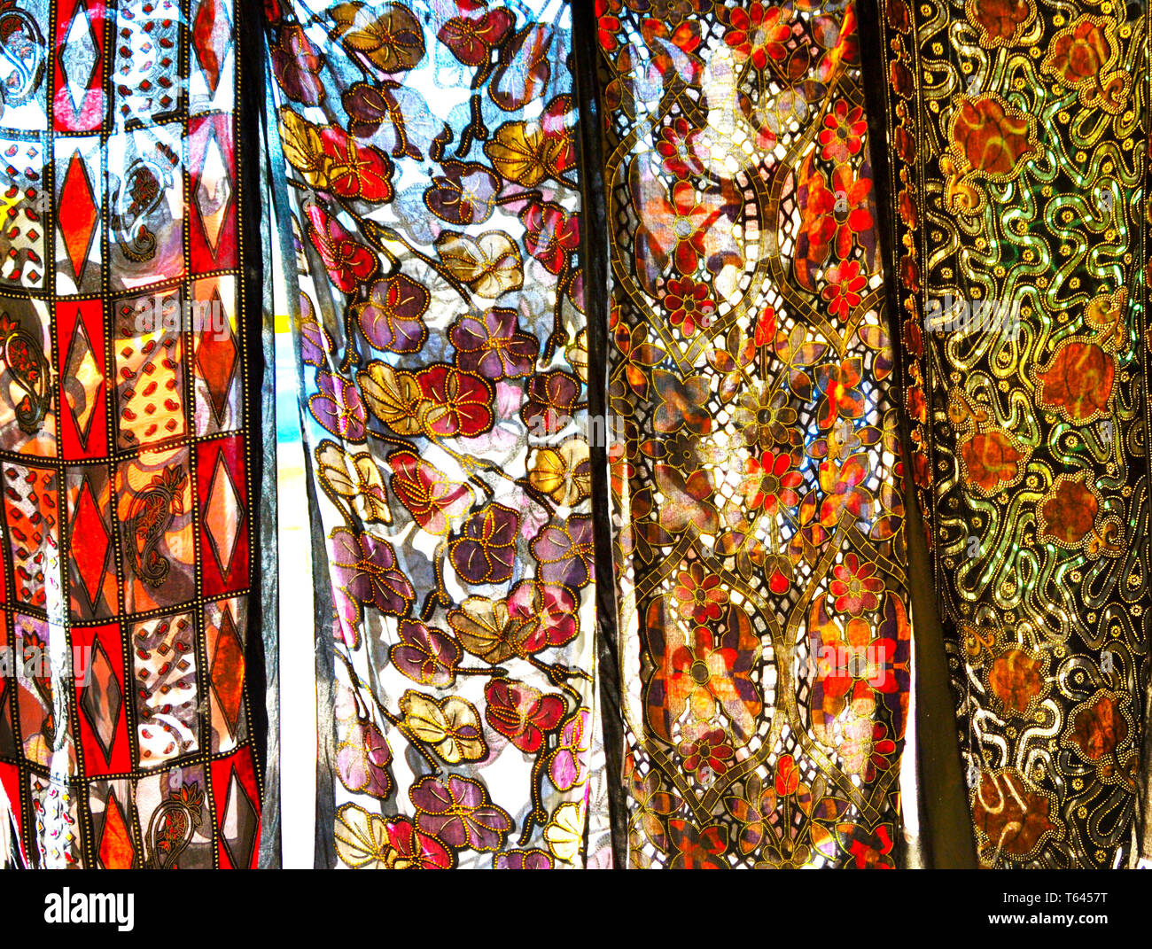 Different cloth and fabric hanging down on a market of Malta Stock ...