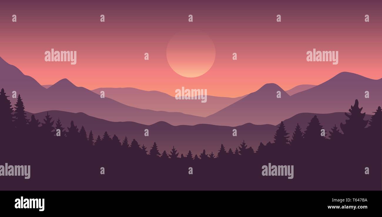 beautiful purple mountain and forest landscape with rising sun vector ...