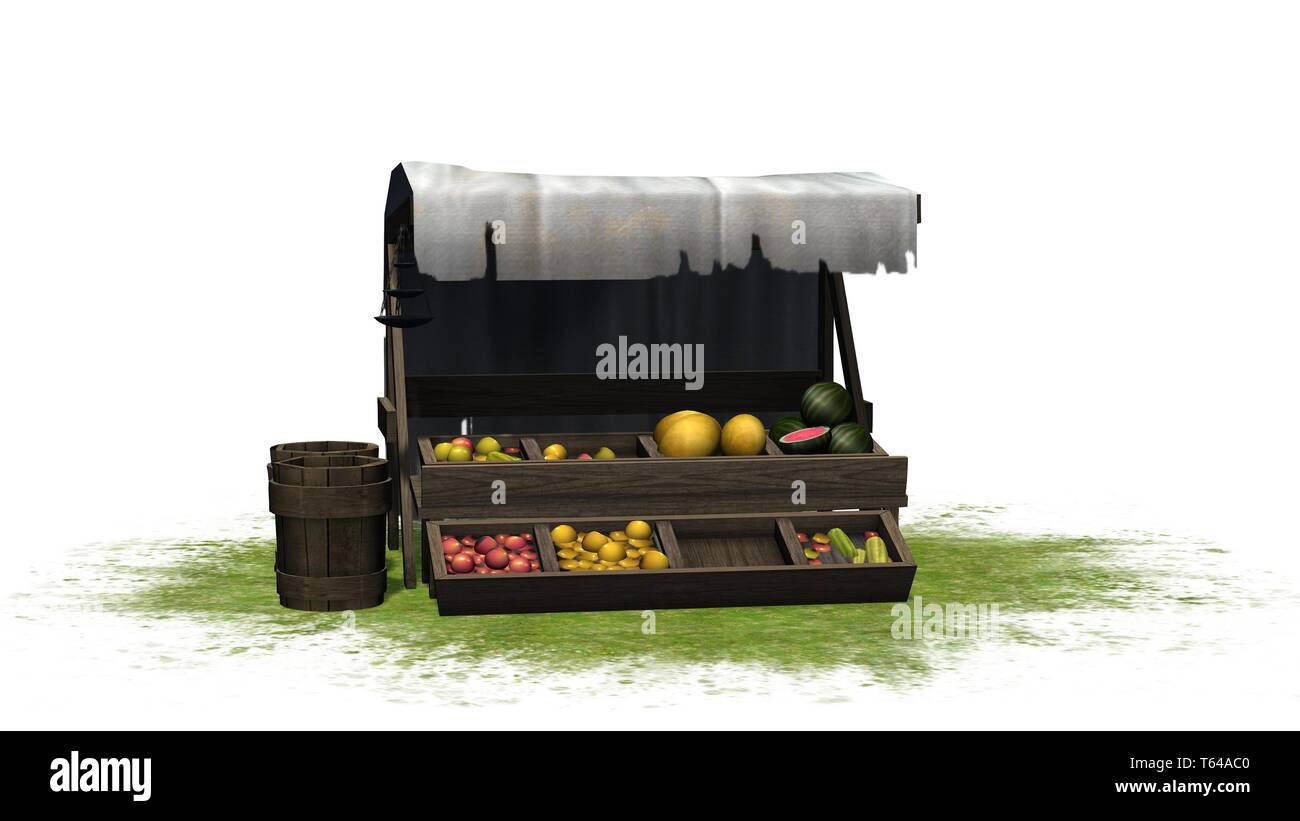 medieval fruit market stall on a green area - isolated on white ...