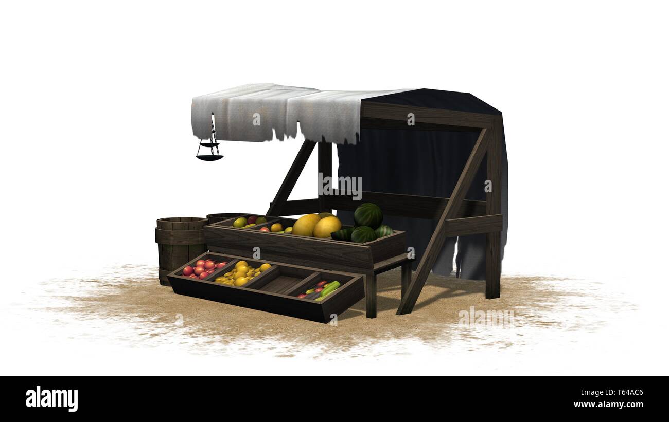 medieval fruit market stall on a sand area - isolated on white ...