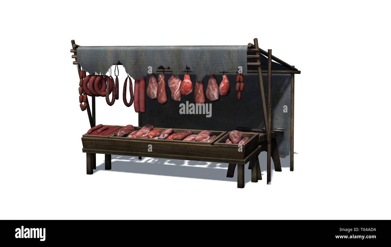 medieval meat and sausage market stall - isolated on white background ...