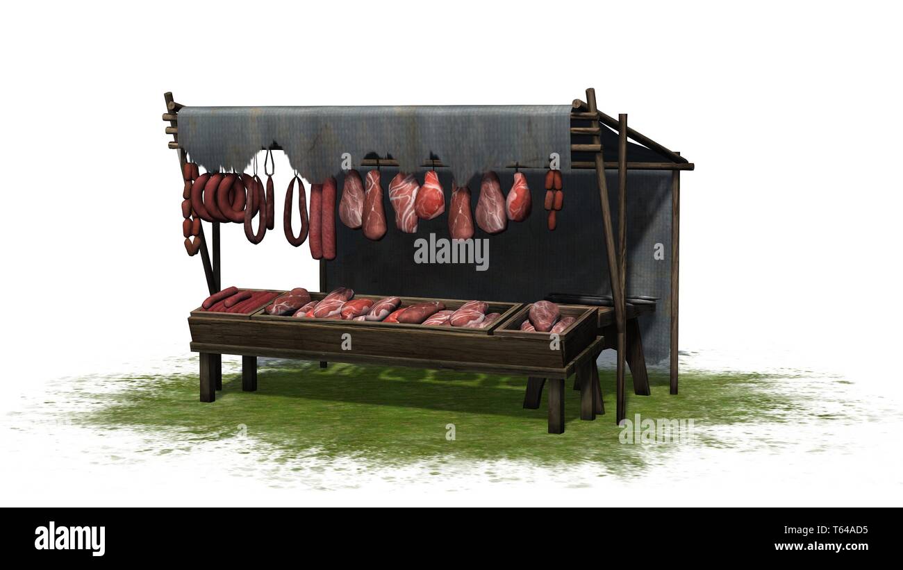 medieval meat and sausage market stall on a grass area - isolated on ...