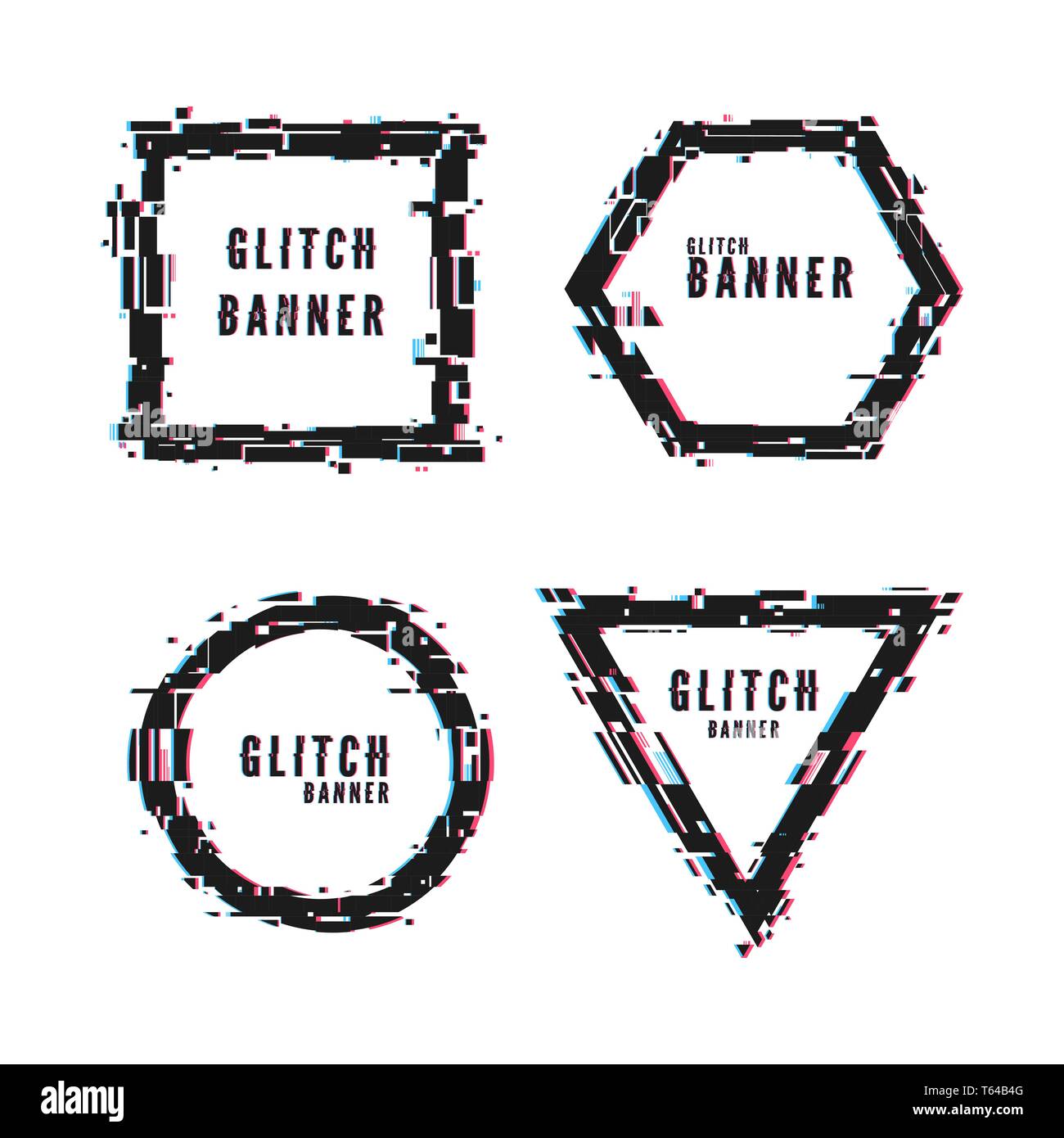 Modern abstract banners set in distorted glitch style. Geometric frame ...