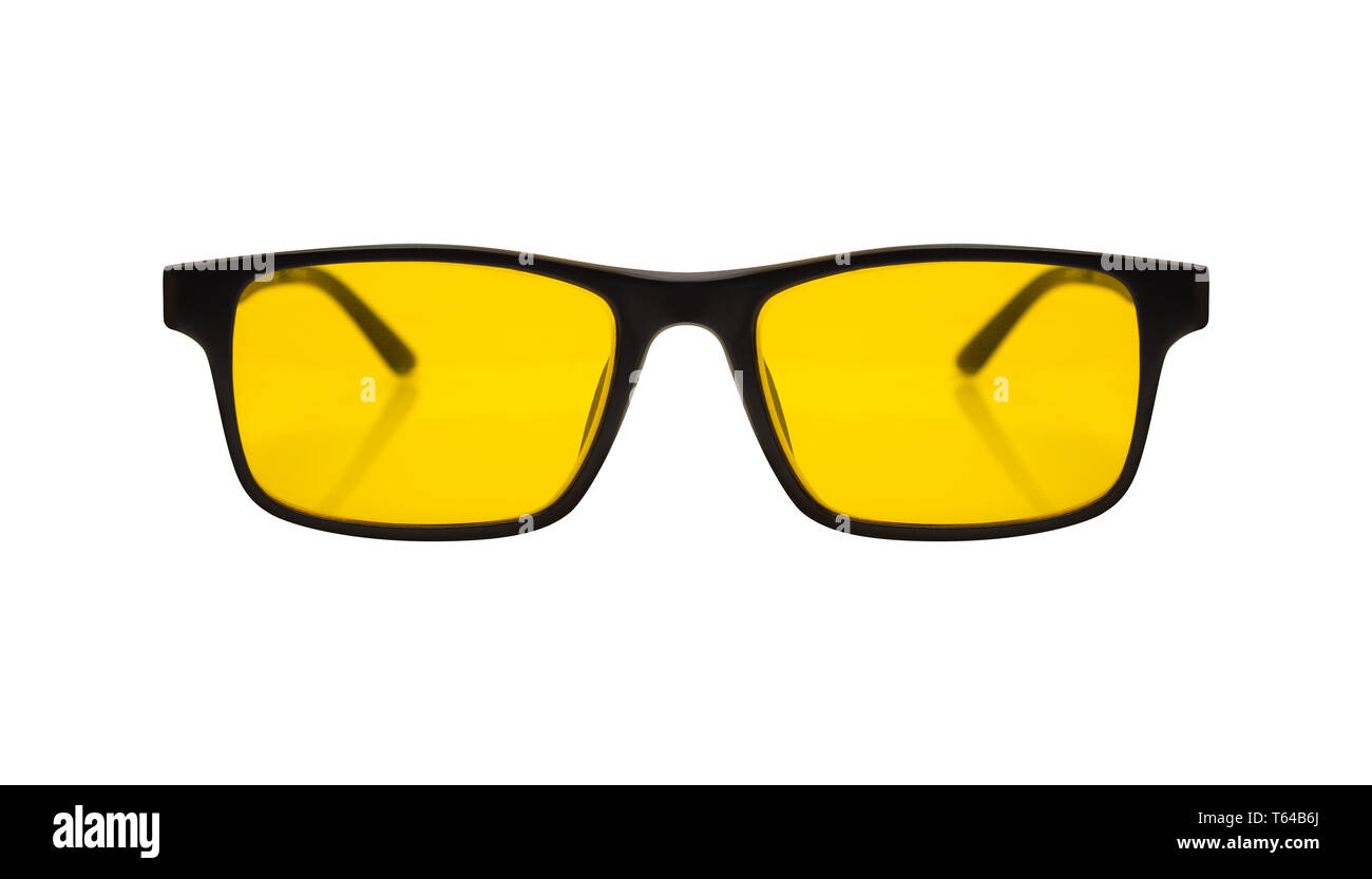 Single sunglasses with black plastic frame and yellow glass on a white ...