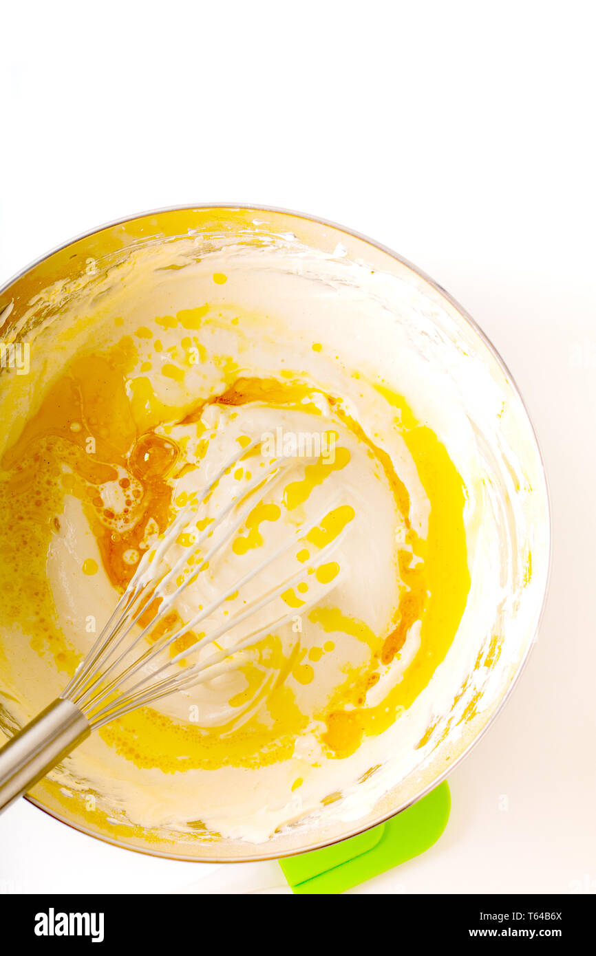 Baking bakery concept whipped eggs mix with ingredients for homemade ...