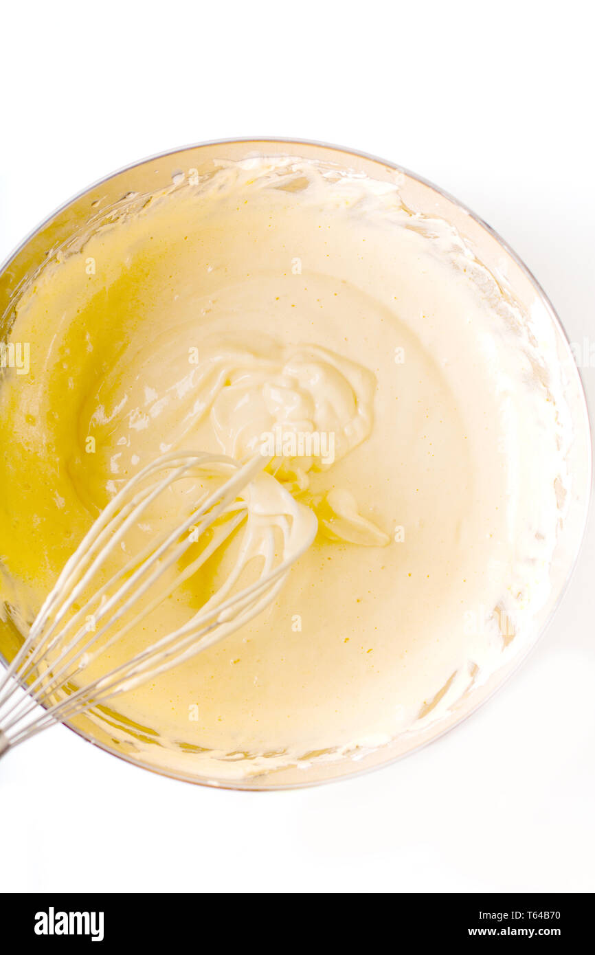 Baking bakery concept whipped eggs mix with ingredients for homemade ...