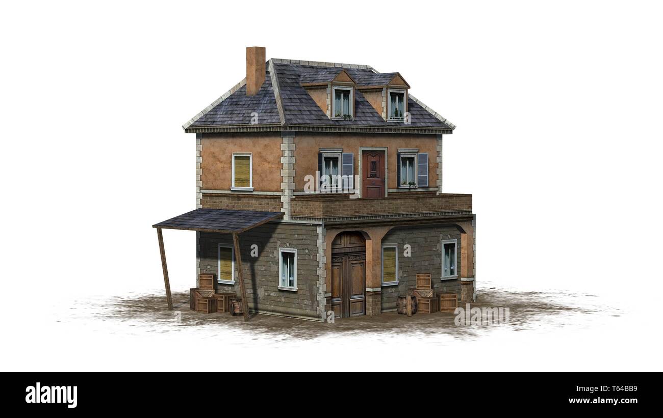 medieval manor on a sand area - isolated on a white background - 3D ...