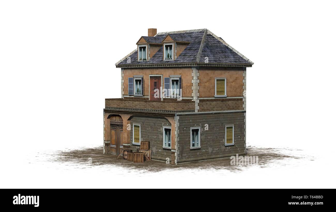 medieval manor on a sand area - isolated on a white background - 3D ...