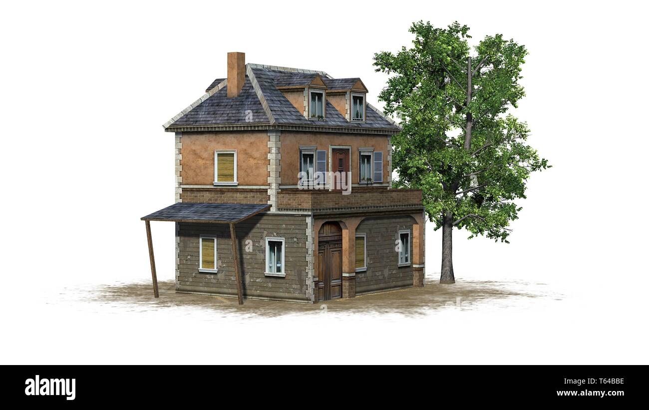 medieval manor on a sand area and tree - isolated on a white background ...
