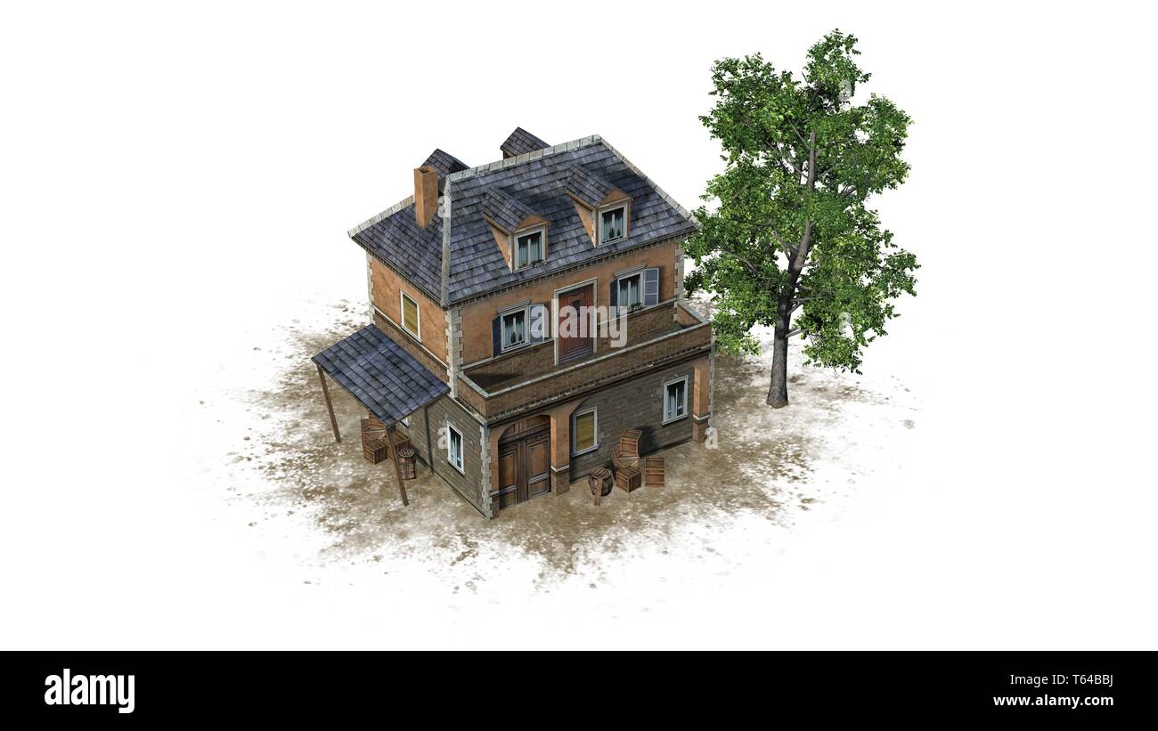 medieval manor on a sand area and tree - isolated on a white background ...