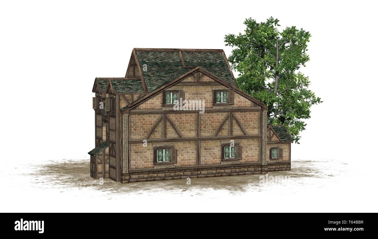 medieval warehouse on a sand area and tree - isolated on white ...