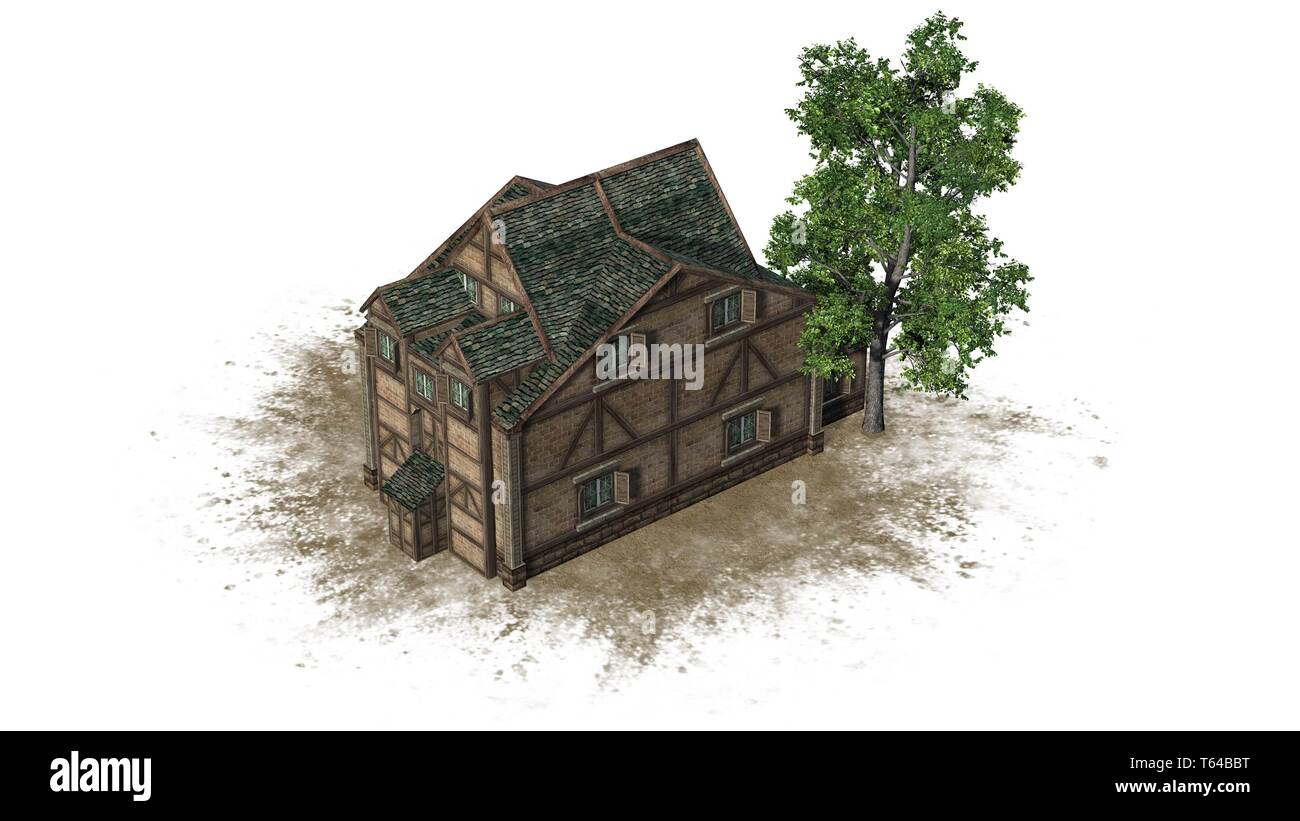 medieval warehouse on a sand area and tree - isolated on white ...