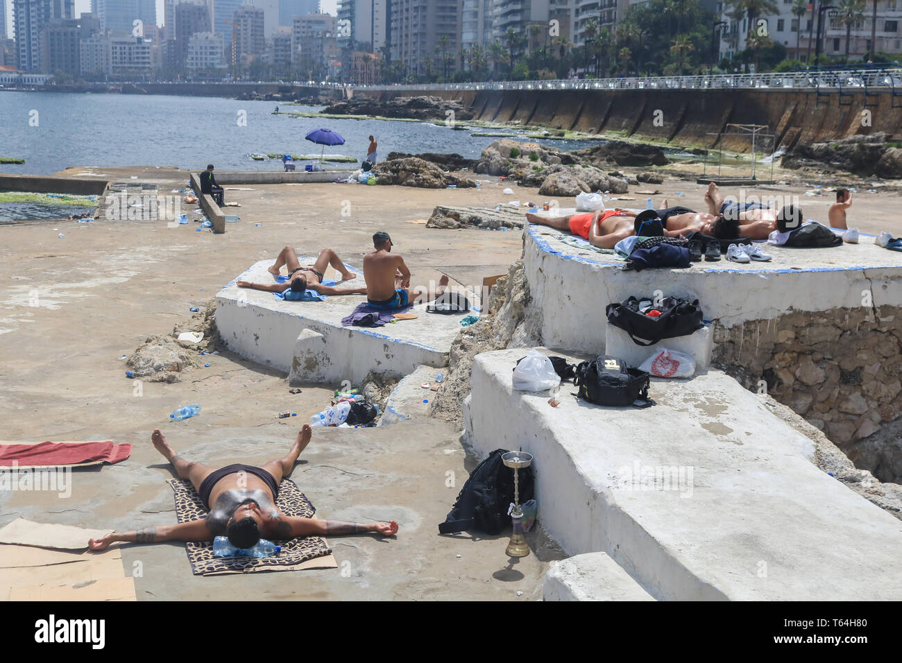 Beirut, Lebanon. 29th Apr, 2019. Men sunbathing in a restricted male ...