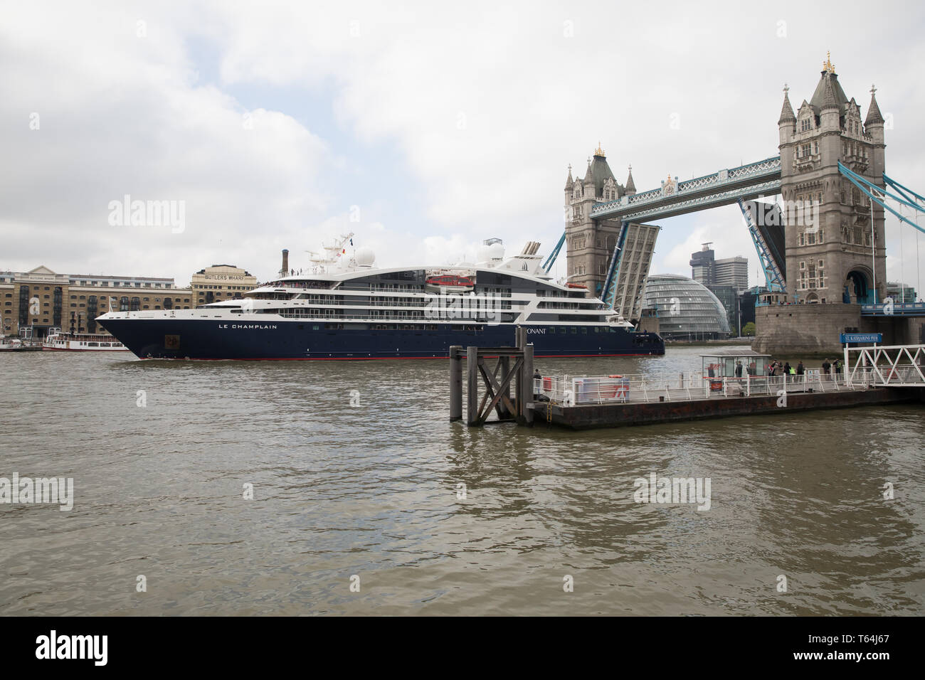 London, UK. 29th Apr, 2019. Le Champlain cruise ship passes under Tower ...
