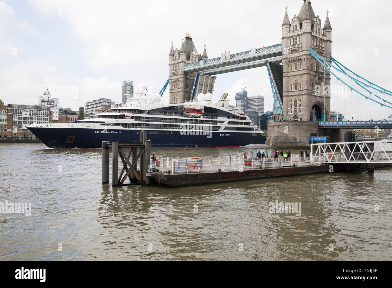 London, UK. 29th Apr, 2019. Le Champlain cruise ship passes under Tower ...