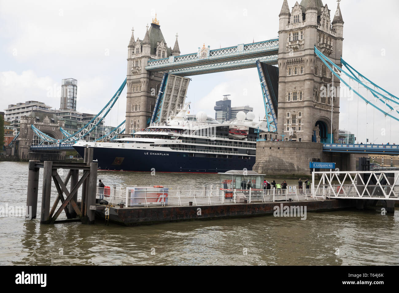 London, UK. 29th Apr, 2019. Le Champlain cruise ship passes under Tower ...