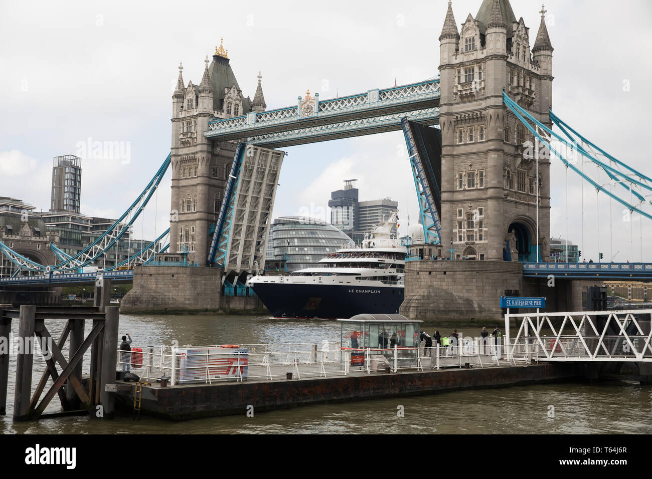 London, UK. 29th Apr, 2019. Le Champlain cruise ship passes under Tower ...