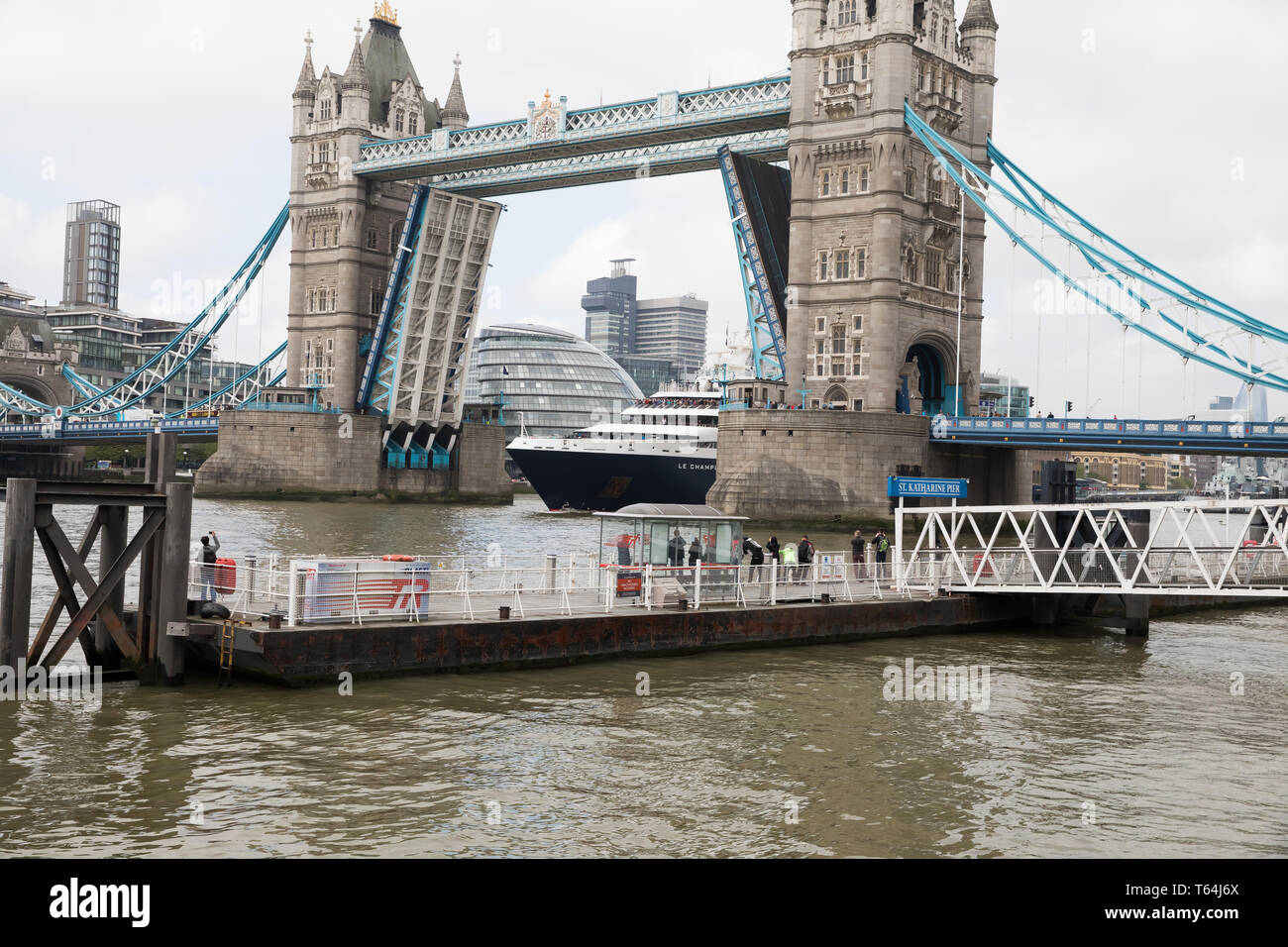London, UK. 29th Apr, 2019. Le Champlain cruise ship passes under Tower ...
