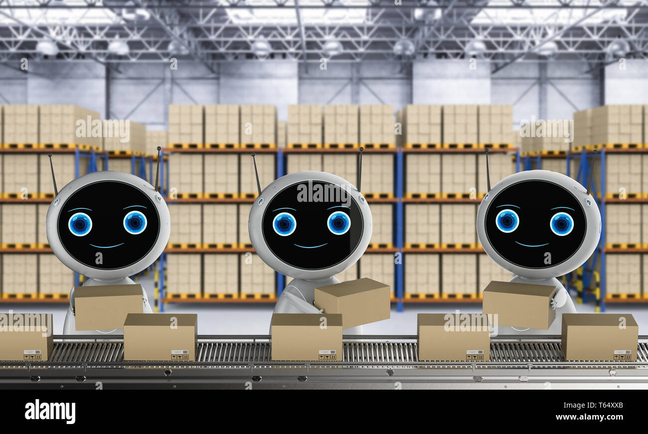 Automatic warehouse concept with 3d rendering automation robot work in ...