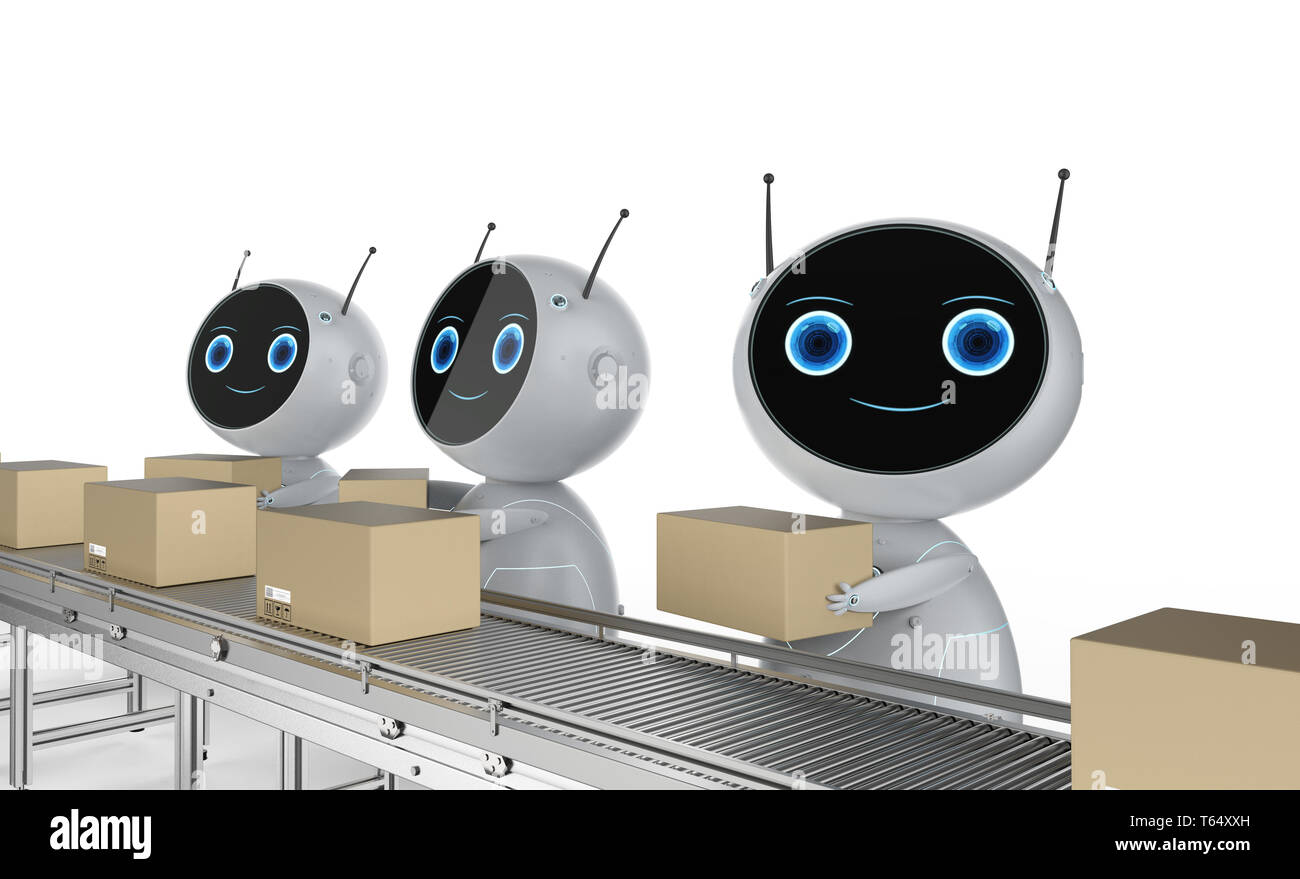 Automatic warehouse concept with 3d rendering automation robot work in ...