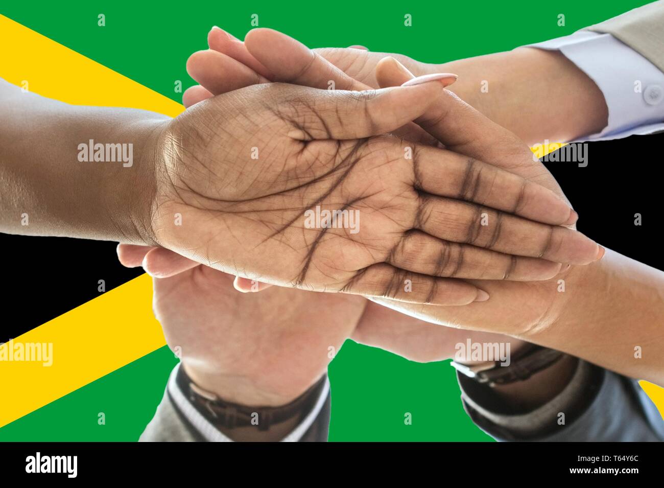 Flag of Jamaica, intergration of a multicultural group of young people ...