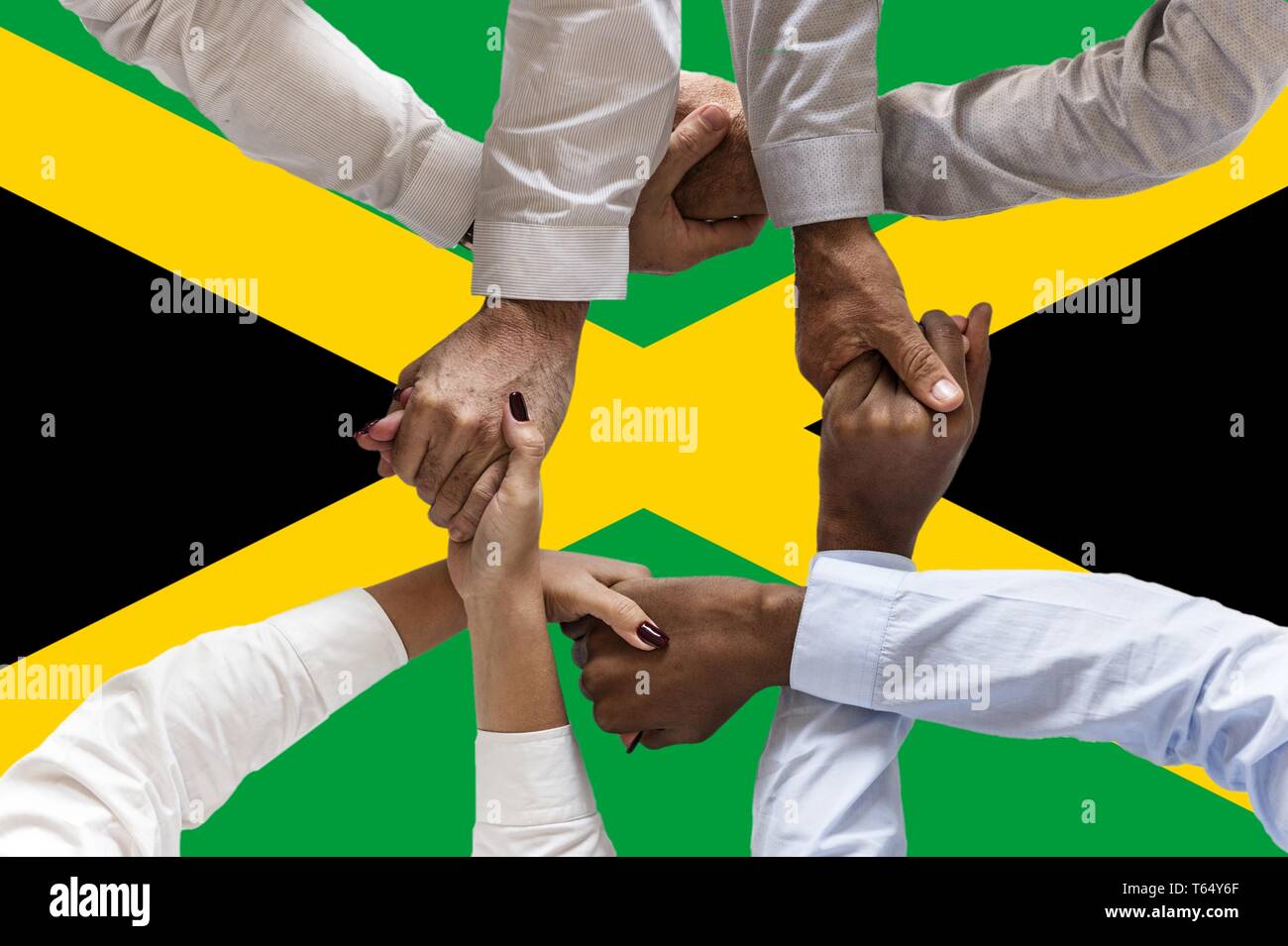 Flag of Jamaica, intergration of a multicultural group of young people ...
