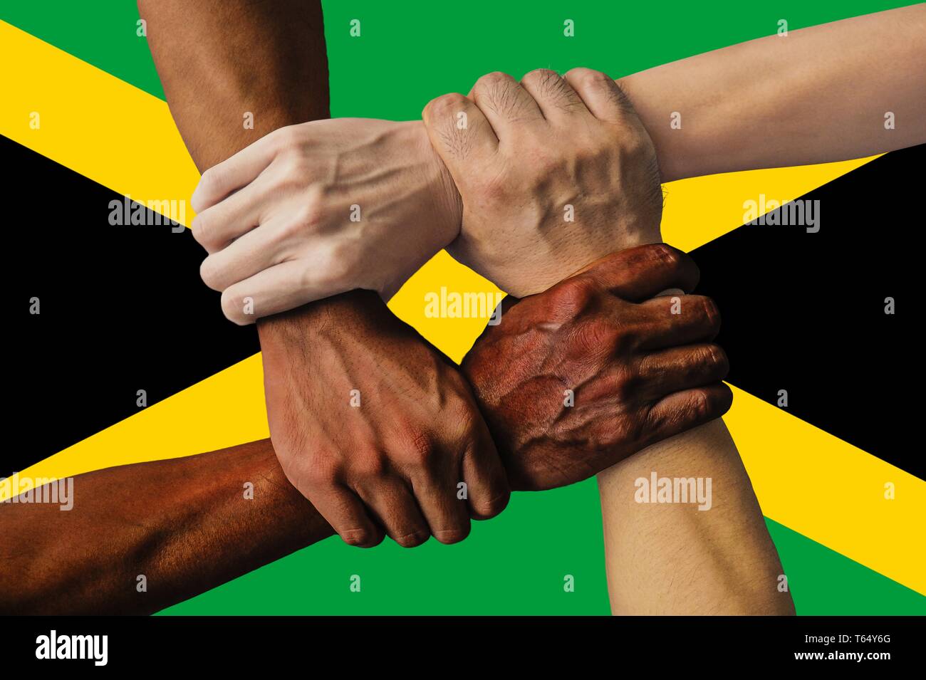 Flag of Jamaica, intergration of a multicultural group of young people ...